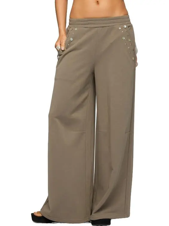 EDIKTED Iridescent Button Wide Leg Sweatpants - Taupe