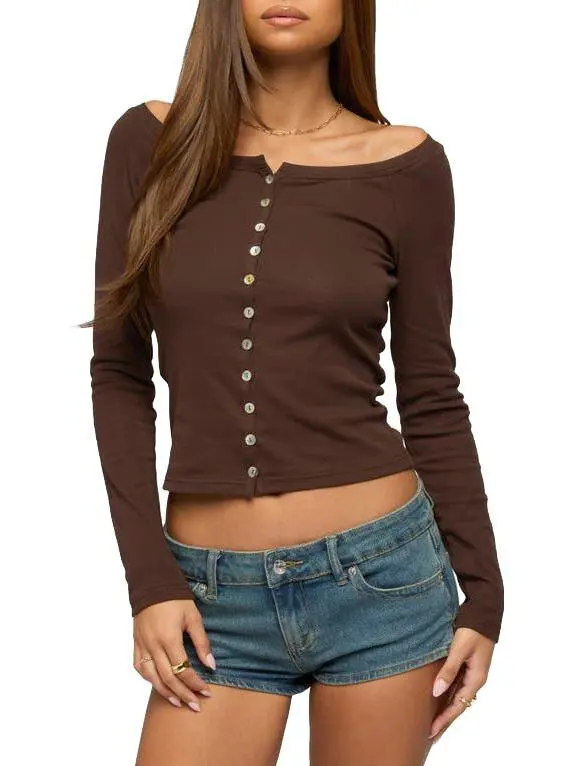 EDIKTED Button Front Knit Top - Brown