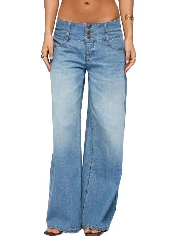 EDIKTED Wide Waist Low Rise Baggy Jeans - Light-blue