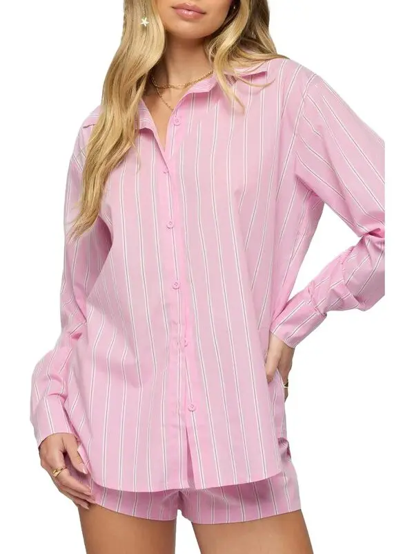 EDIKTED Striped Oversized Button-up Shirt - Pink