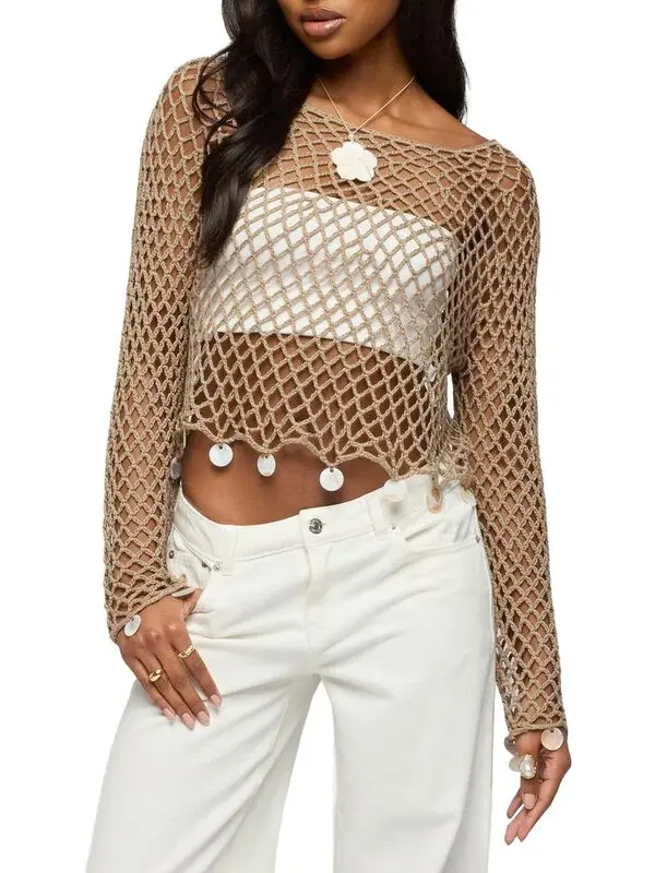 EDIKTED Iridescent Disc Open Stitch Top - Taupe