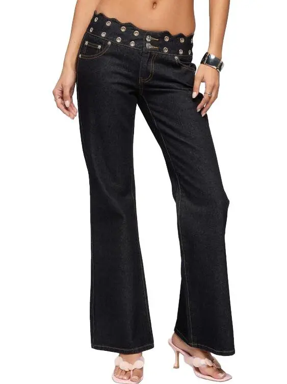 EDIKTED Scalloped Grommet Bootcut Jeans - Dark-blue