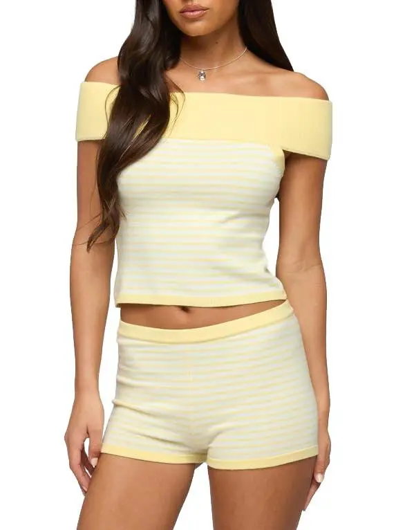 EDIKTED Striped Knit Off-the-shoulder Top - Yellow-and-white