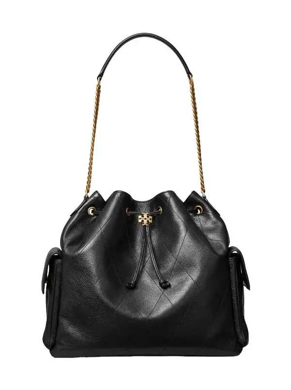 Tory Burch Large Charlie Quilted Leather Drawstring Shoulder Bag - Black