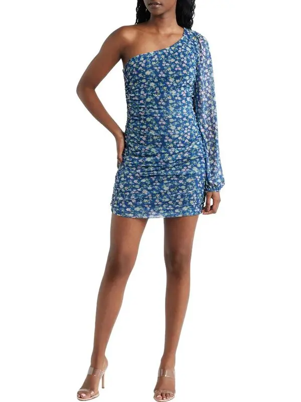 JUMP APPAREL Print Mesh Shirred One-shoulder Mini Dress - Navy