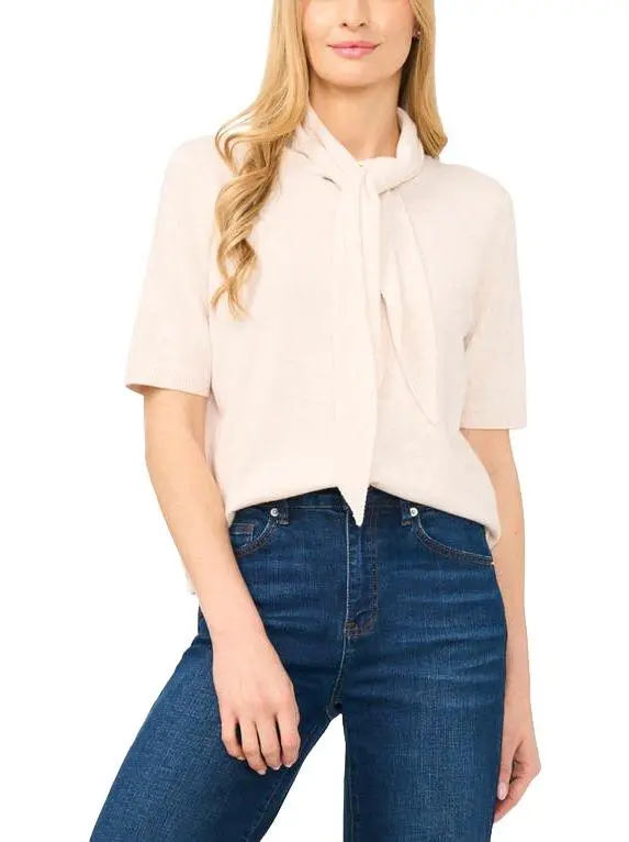 CECE DUPRAZ Tie Neck Short Sleeve Cardigan - French Oatmeal