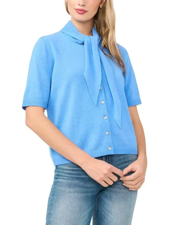 CECE DUPRAZ Tie Neck Short Sleeve Cardigan - Ocean Frost