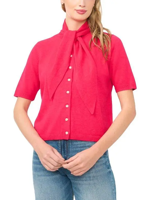 CECE DUPRAZ Tie Neck Short Sleeve Cardigan - Watermelon Crush