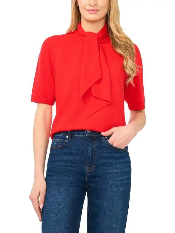CECE DUPRAZ Tie Neck Short Sleeve Sweater - Bright Red