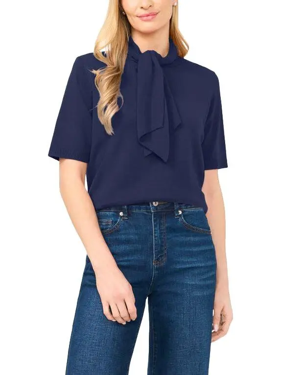 CECE DUPRAZ Tie Neck Short Sleeve Sweater - Classic Navy