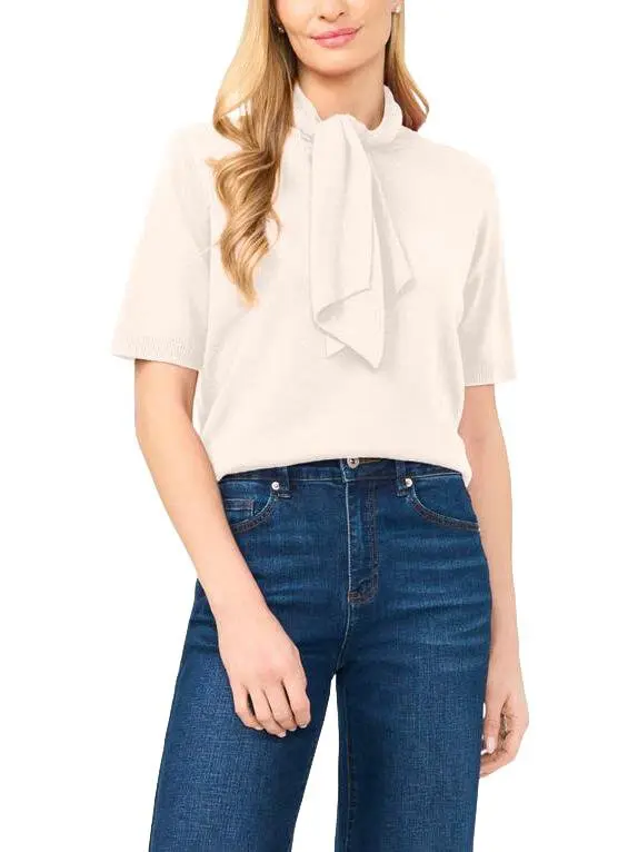 CECE DUPRAZ Tie Neck Short Sleeve Sweater - French Oatmeal