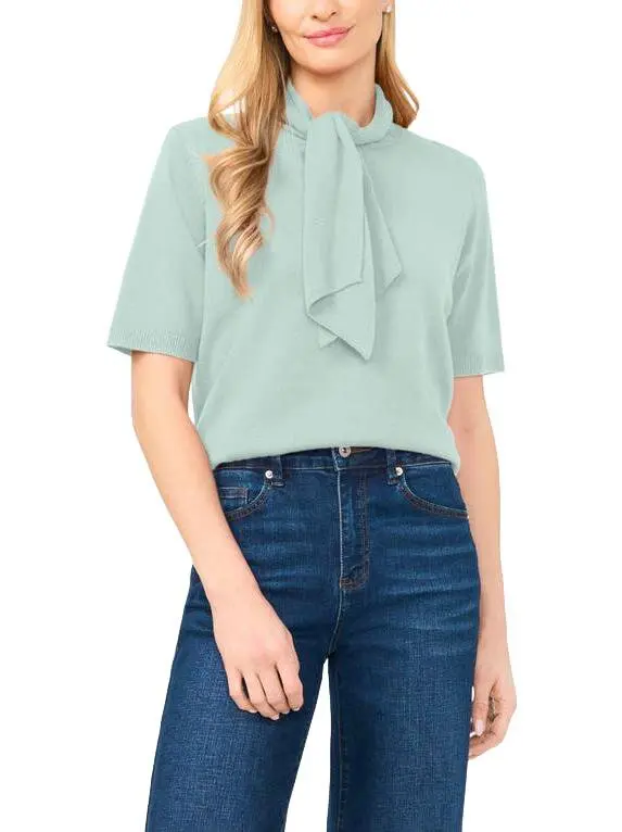 CECE DUPRAZ Tie Neck Short Sleeve Sweater - Mint Hint