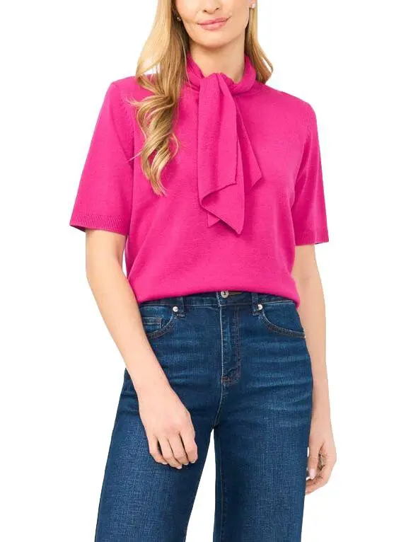 CECE DUPRAZ Tie Neck Short Sleeve Sweater - Peony Punch