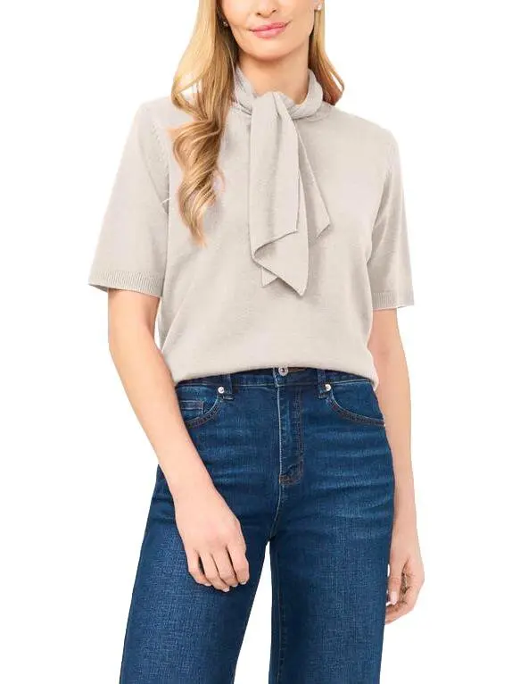 CECE DUPRAZ Tie Neck Short Sleeve Sweater - Warm Grey