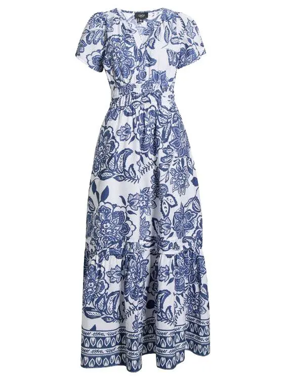 CECE DUPRAZ Floral Smocked Waist Maxi Dress - Classic Navy