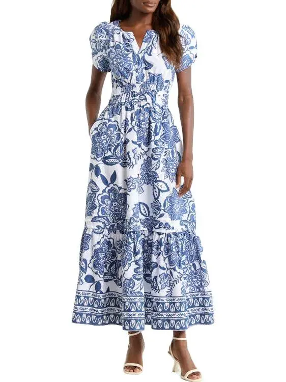 CECE DUPRAZ Floral Smocked Waist Maxi Dress - Classic Navy