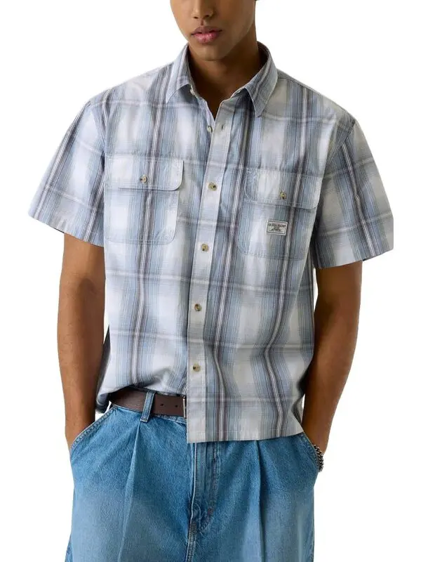 Guess Boxi Plaid Crop Short Sleeve Cotton Button-up Shirt - L73e-dark