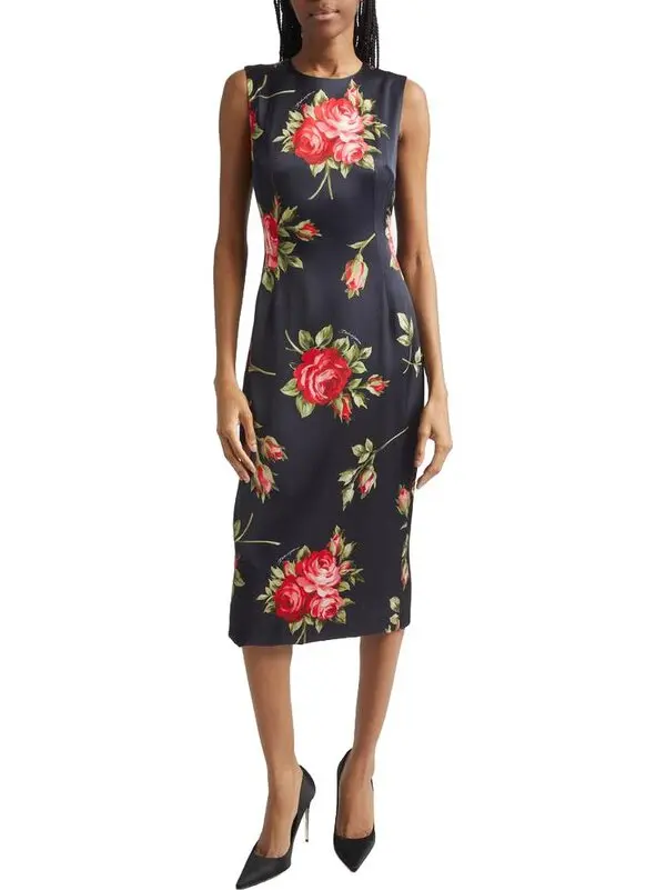 Dolce & Gabbana Rose Bouquet Print Stretch Satin Cocktail Dress - Bouquet Rose Nero