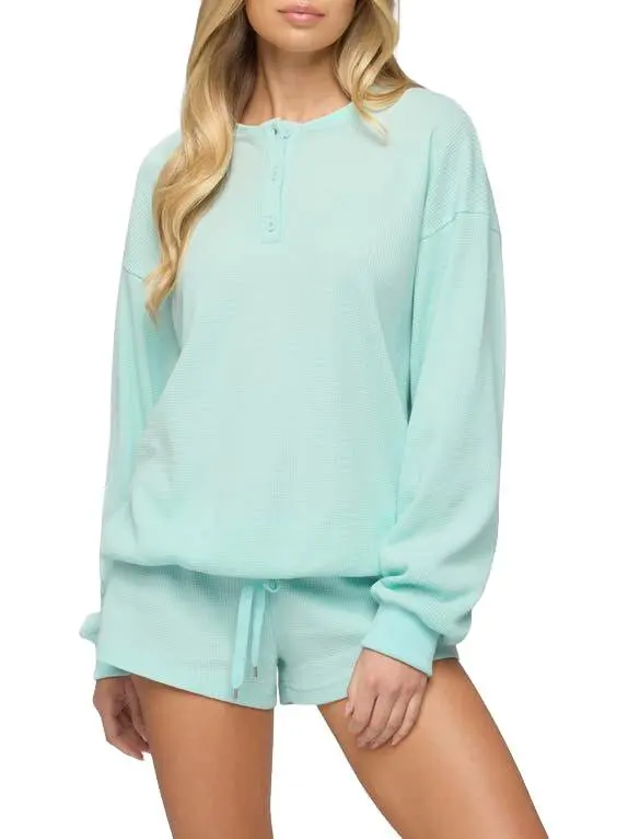 EDIKTED Waffle Knit Henley Top - Aqua