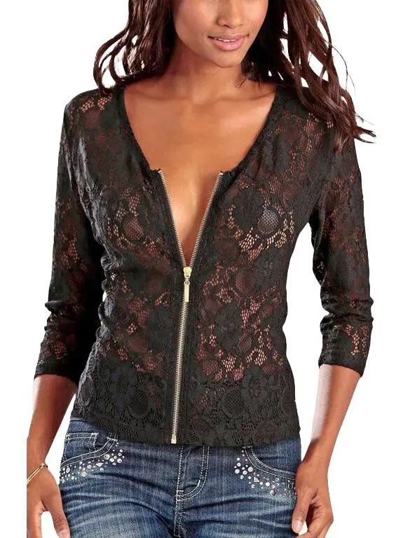 LASCANA Floral Lace Zip-up Jacket - Black