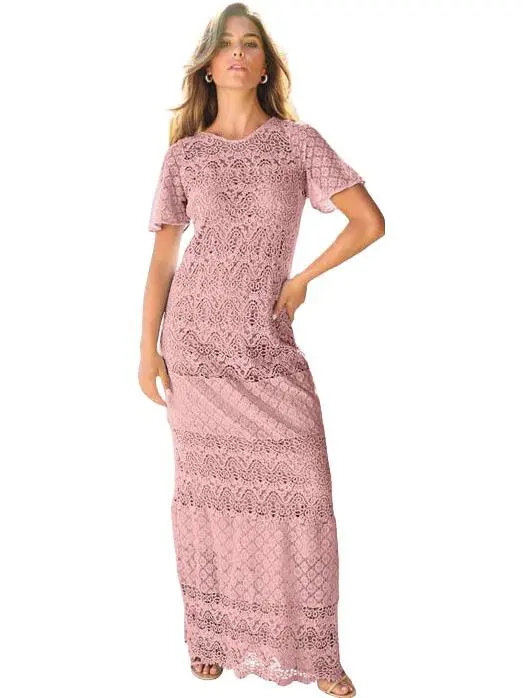 Roaman's Crochet Lace Maxi Dress With Scoop Neck - Soft Blush