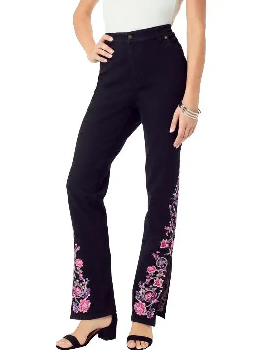 ROAMAN'S Invisible Stretch® Embroidered Split Flare-leg Jeans - Black Vine