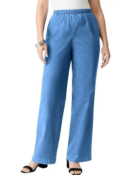 Roaman's Comfort Stretch Wide Leg Jean - Light Stonewash Sanded