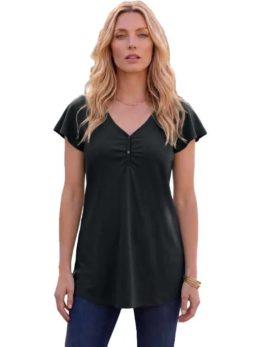 ROAMAN'S Cotton Ultimate Flutter Sleeve Sweetheart Tee - Black
