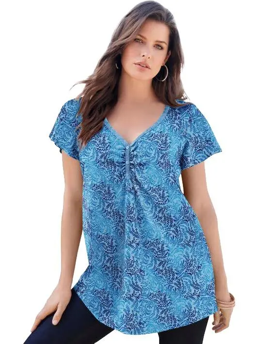 ROAMAN'S Cotton Ultimate Flutter Sleeve Sweetheart Tee - Blue Flowy Leaves