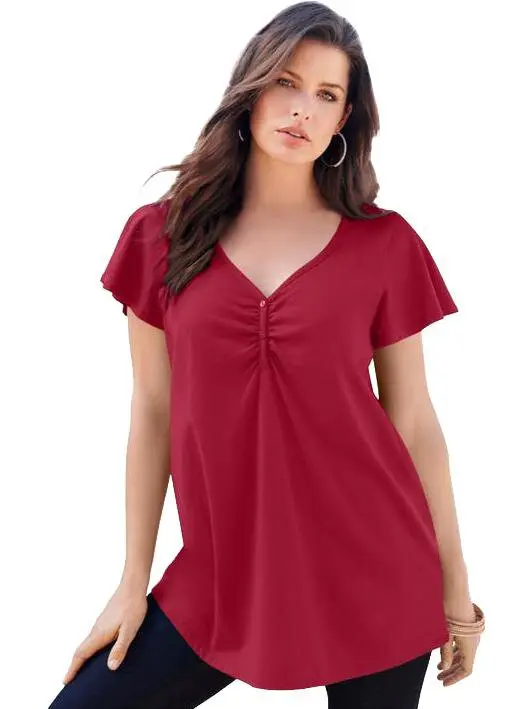 ROAMAN'S Cotton Ultimate Flutter Sleeve Sweetheart Tee - Classic Red