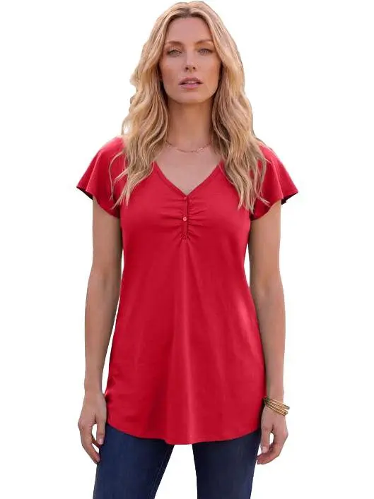 ROAMAN'S Cotton Ultimate Flutter Sleeve Sweetheart Tee - Classic Red