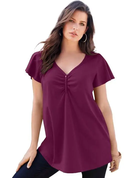 ROAMAN'S Cotton Ultimate Flutter Sleeve Sweetheart Tee - Dark Berry