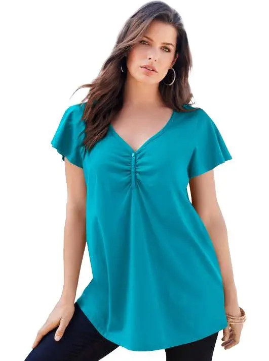 ROAMAN'S Cotton Ultimate Flutter Sleeve Sweetheart Tee - Deep Turquoise