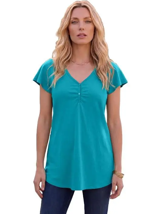 ROAMAN'S Cotton Ultimate Flutter Sleeve Sweetheart Tee - Deep Turquoise