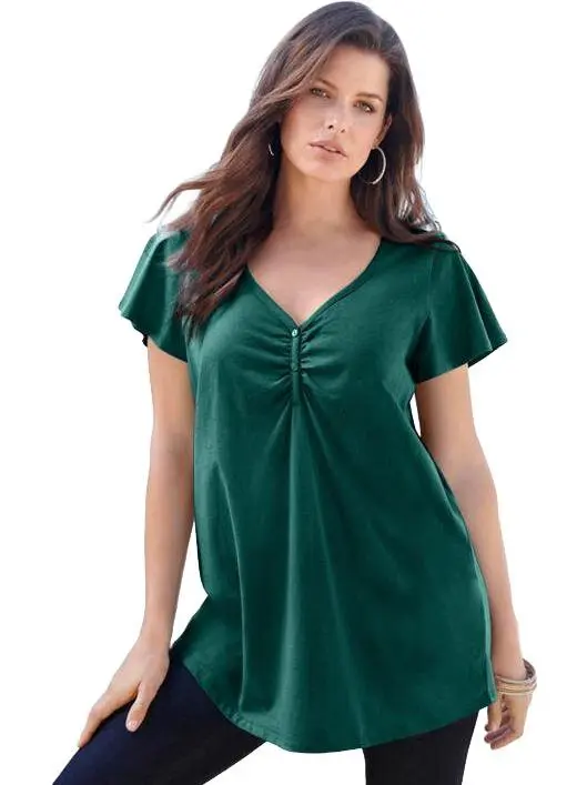ROAMAN'S Cotton Ultimate Flutter Sleeve Sweetheart Tee - Emerald Green
