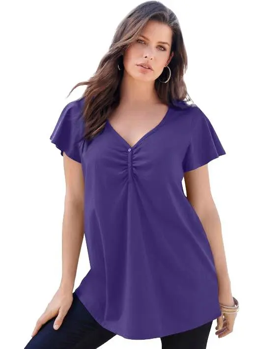 ROAMAN'S Cotton Ultimate Flutter Sleeve Sweetheart Tee - Midnight Violet