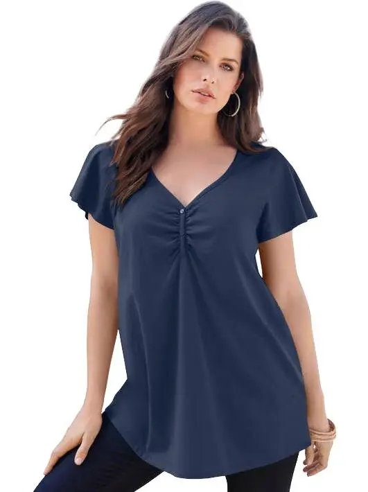 ROAMAN'S Cotton Ultimate Flutter Sleeve Sweetheart Tee - Navy