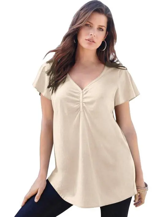 ROAMAN'S Cotton Ultimate Flutter Sleeve Sweetheart Tee - Oatmeal