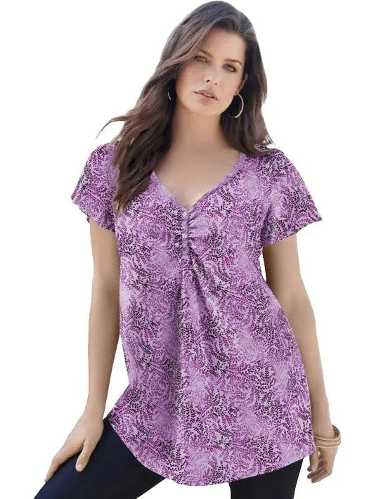 ROAMAN'S Cotton Ultimate Flutter Sleeve Sweetheart Tee - Orchid Flowy Leaves