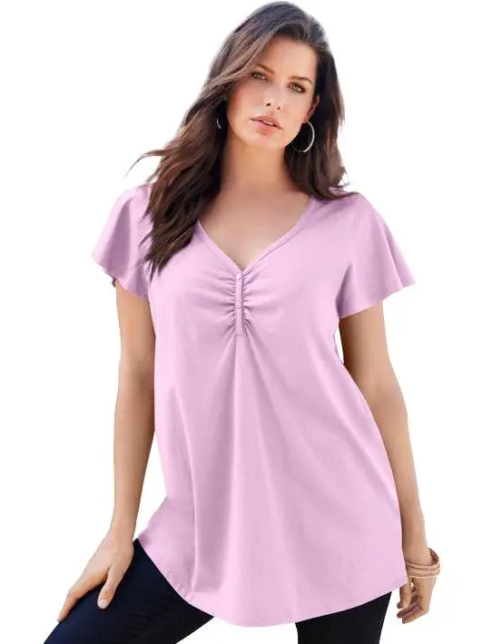 ROAMAN'S Cotton Ultimate Flutter Sleeve Sweetheart Tee - Pale Lavender