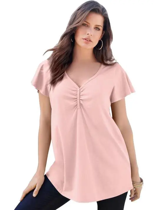 Roaman's Cotton Ultimate Flutter Sleeve Sweetheart Tee - Soft Blush