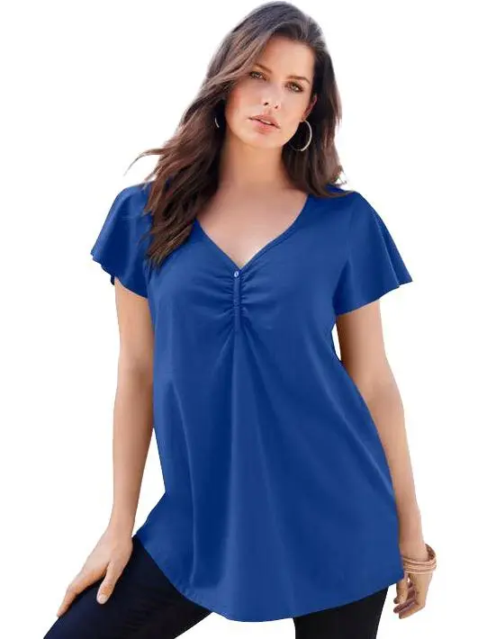 ROAMAN'S Cotton Ultimate Flutter Sleeve Sweetheart Tee - Ultra Blue