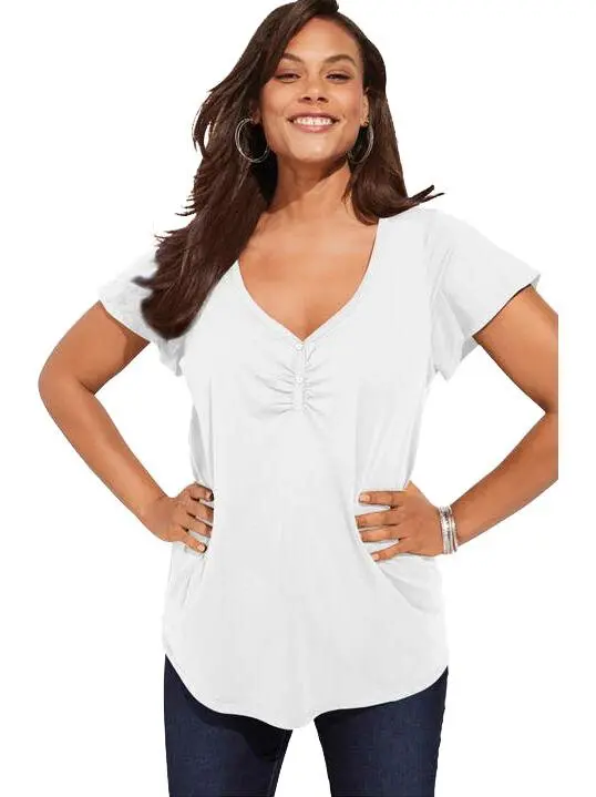 ROAMAN'S Cotton Ultimate Flutter Sleeve Sweetheart Tee - White
