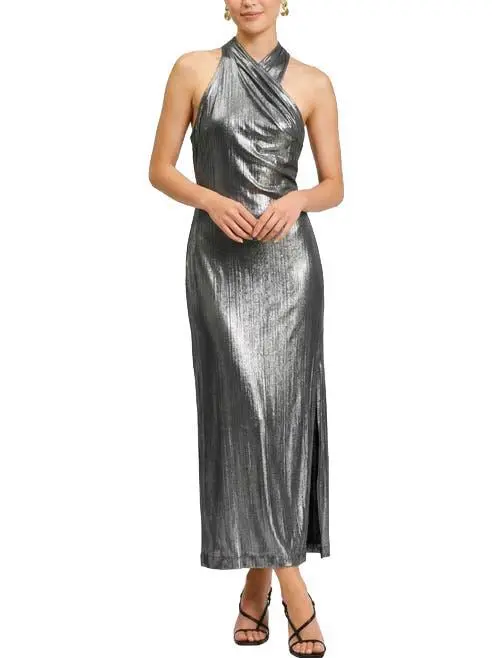 Rachel Rachel Roy Harland Crossover Halter Maxi Gown - Silver