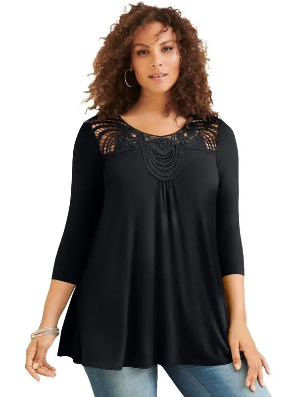Roaman's Lace Embellished Top - Black