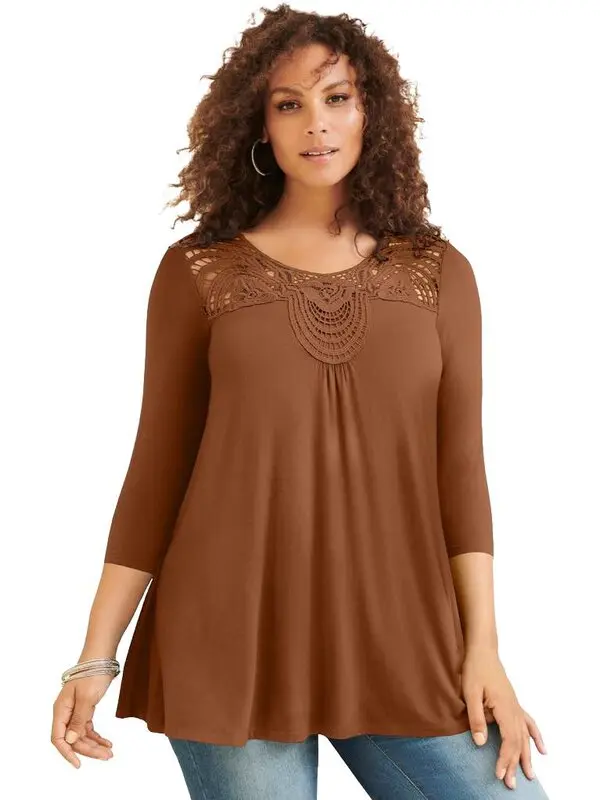 Roaman's Crochet Embellished Swing Tee - Cognac