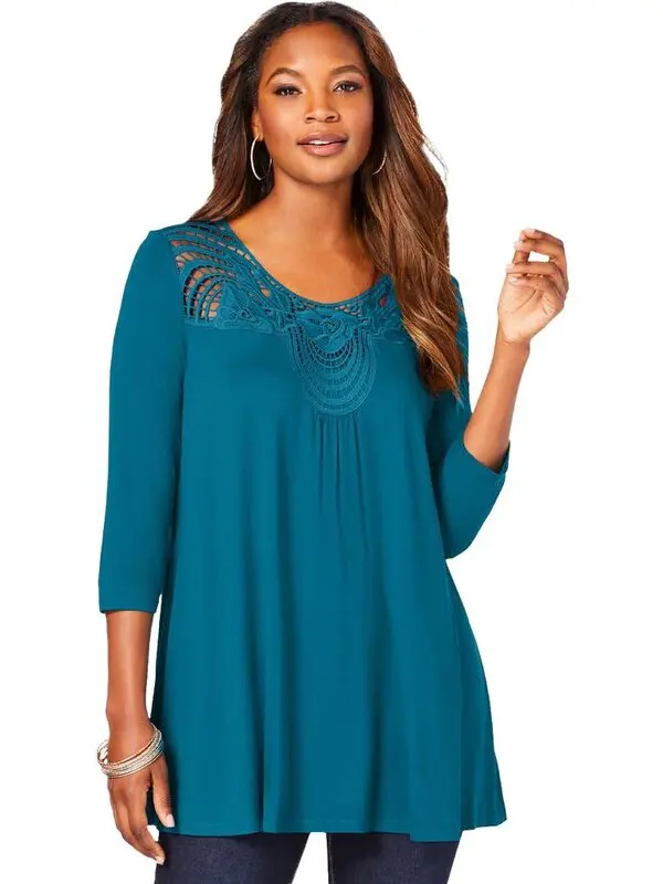 Roaman's Lace Embellished Top - Deep Teal