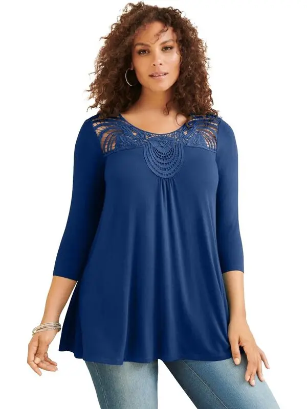 Roaman's Crochet Embellished Swing Tee - Evening Blue