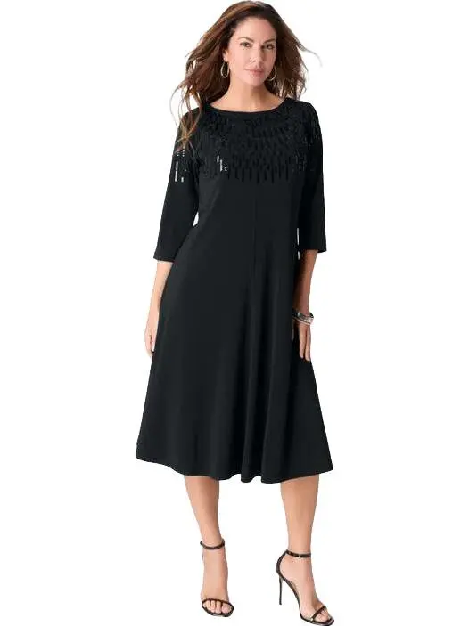 ROAMAN'S 3/4 Sleeve Embellished Boatneck Dress - Black