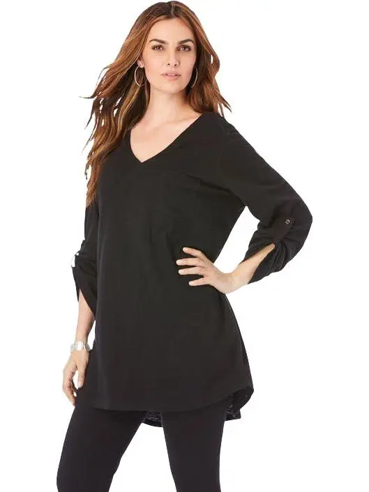 Roaman's Boyfriend Textured Tunic With V-neck And Roll-tab Sleeves - Black